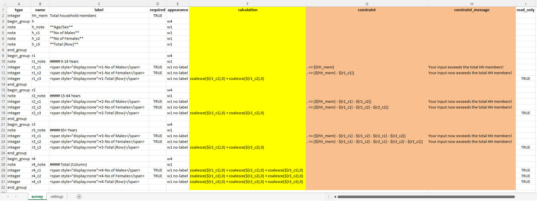 Adding Calculations And Constraints In A Matrix ion KoboToolbox